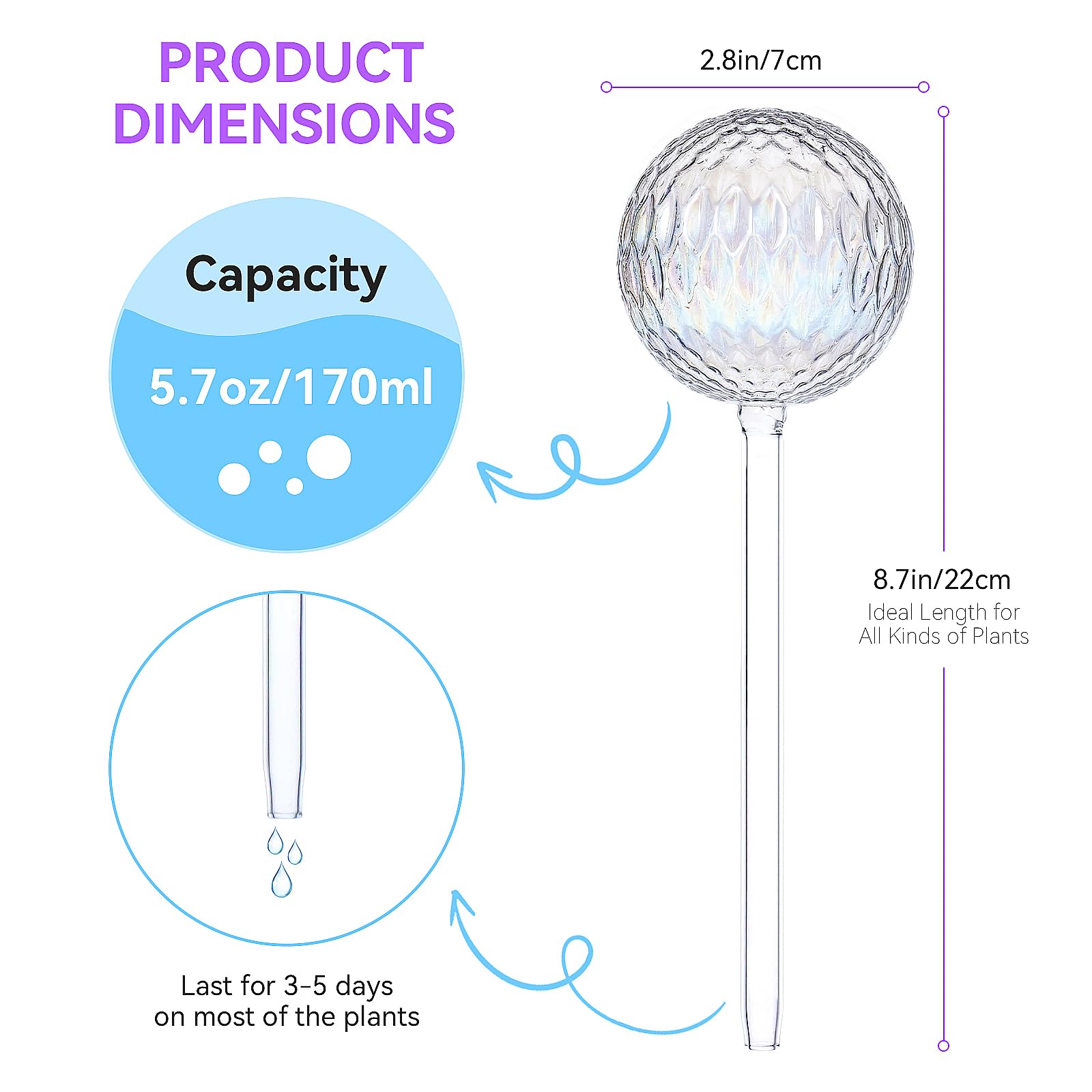 KBCSUN 2pcs Plant Watering Globes, Patterned Glass Iridescent Rainbow Gradient, Auto Waterer Self Watering Planter Insert Stakes, Plant Accessories Indoor