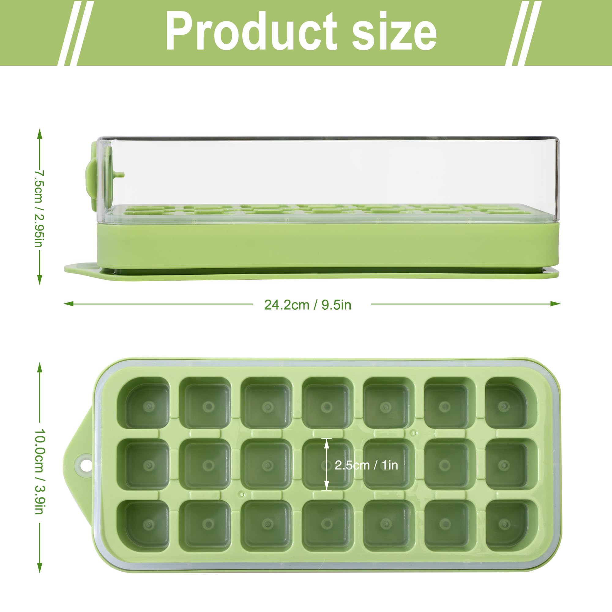 LYDTICK Ice Cube Tray with Lid and Bin, 21 Pcs Ice Cubes Mold for Freezer Easy Release, Quick Filling Without Touching, Green