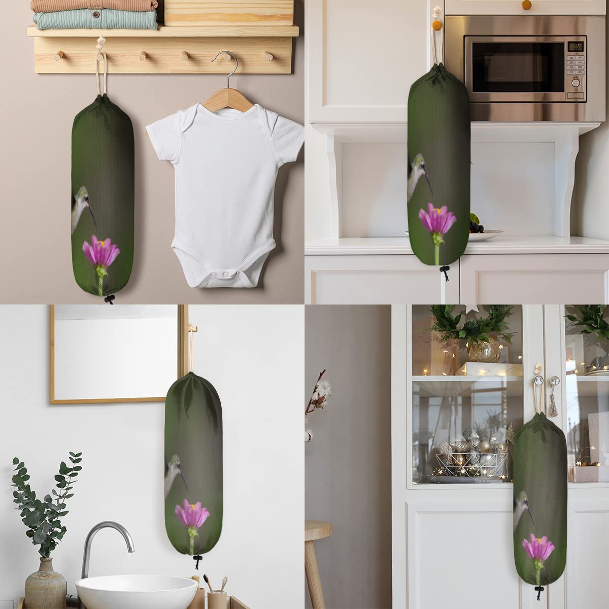Hummingbirds Prey Plastic Bag Holder Wall Mount Grocery Bag Organizer Holder Hanging Trash Bag Storage Dispenser for Home Kitchen Pantry Door Organization Decor