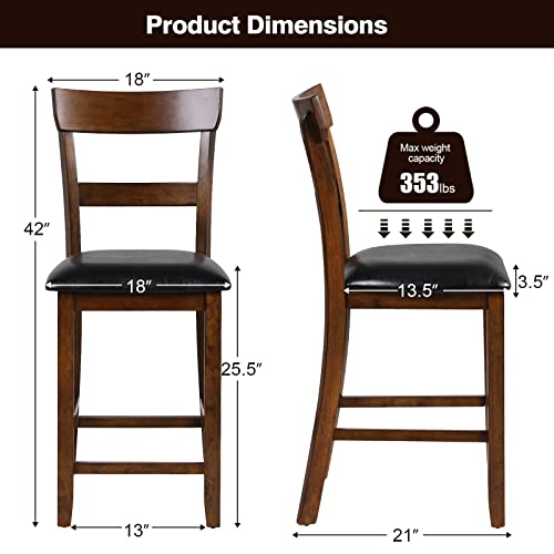 NAFORT Counter Height Bar Stools Set of 4, Farmhouse 25.5β Solid Wood High Dining Chairs with Cushion, Counter Stools with Back for Kitchen Restaurant Bar, Rubberwood Legs & Black PU Leather Cushion