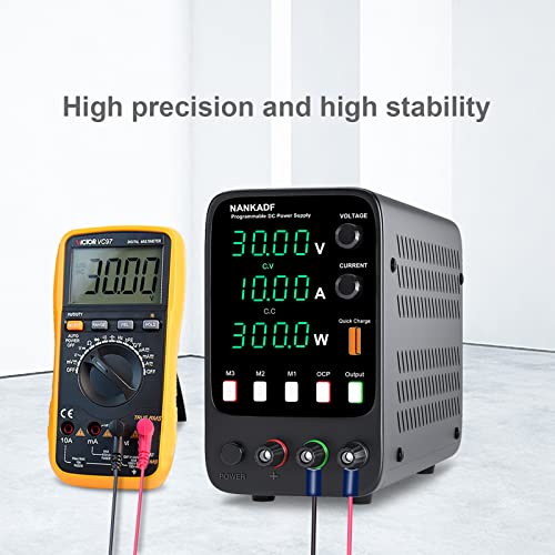 NANKADF DC Power Supply, 30V 10A Bench Power Supply with Memory Storage & Recall,Variable Power Suppy with Encoder Adjustment Knob, 5V/3.6A USB Quick-Charge & OCP Short Circuit Alarm