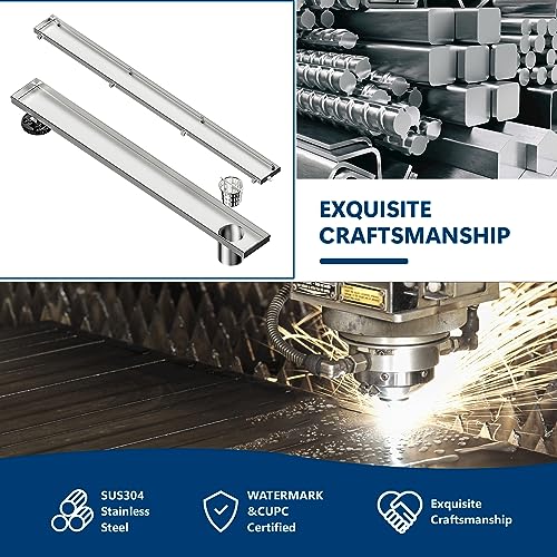 Neodrain 32-Inch Offset Linear Shower Drain with Tile Insert Grate Cover, Brushed 304 Stainless Steel Rectangle Side Outlet Shower Floor Drain, Adjustable Leveling Foot, Hair Strainer/Catcher