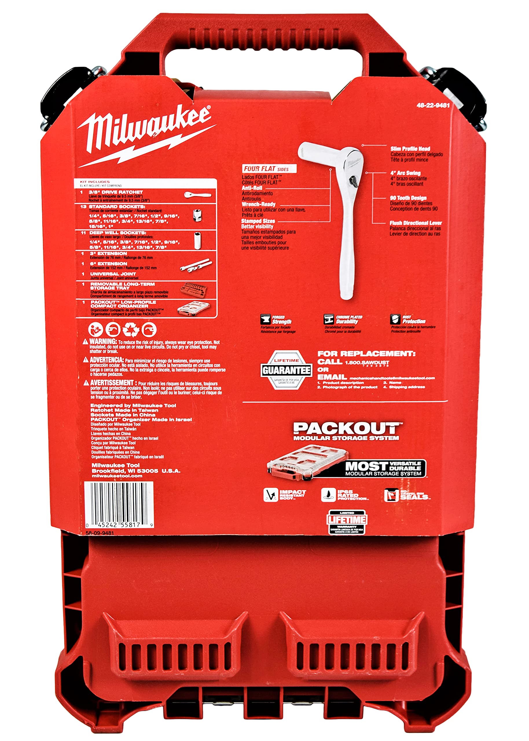 Milwaukee 48-22-9481 28-Piece 3/8 in. Drive SAE Ratchet and Socket Set with PACKOUT Low-Profile Compact Organizer