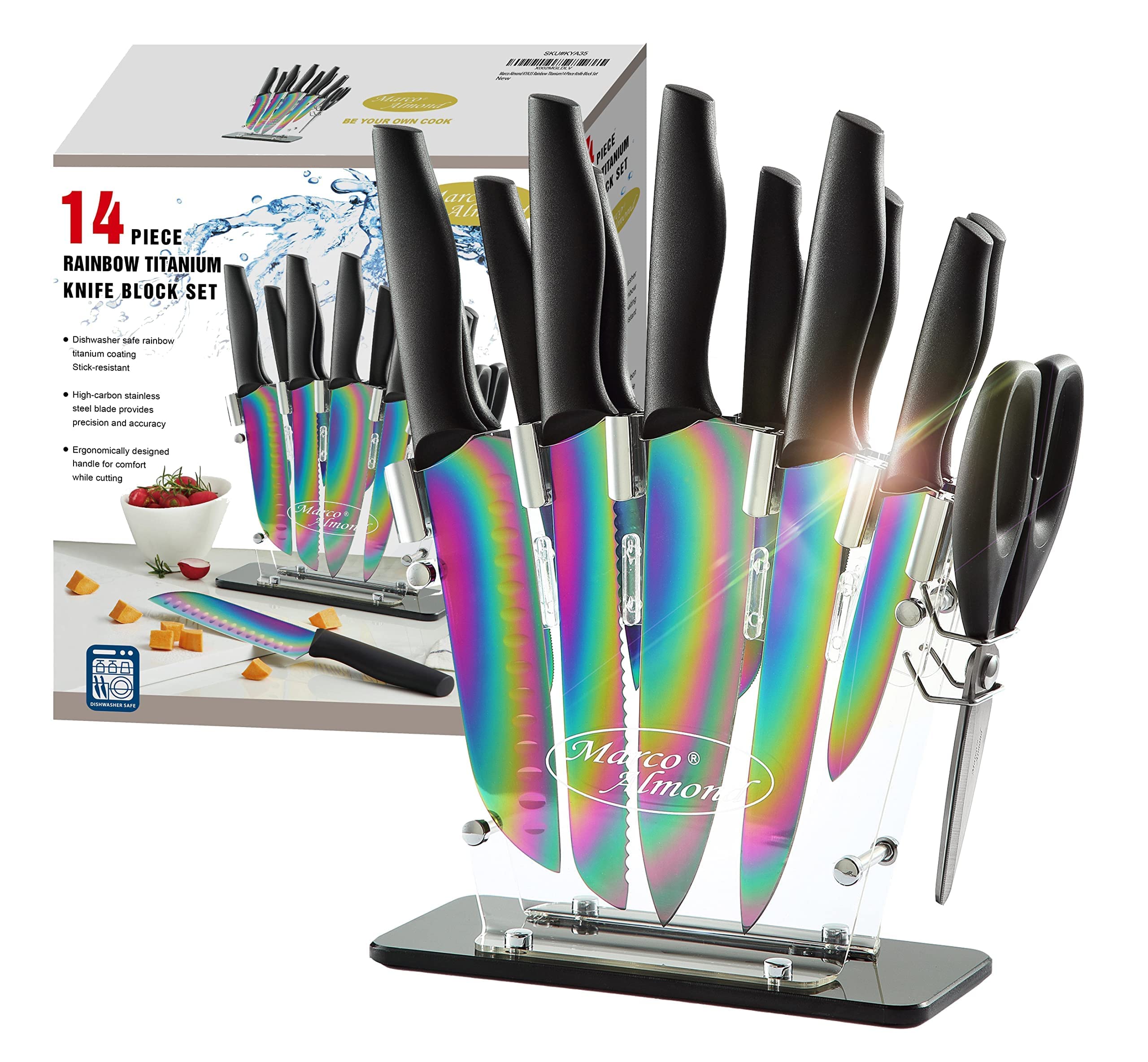KYA35 14 PCS Rainbow Titanium Coating Cutlery Knives Block Set + Marco Almond MA63 Graters for Kitchen