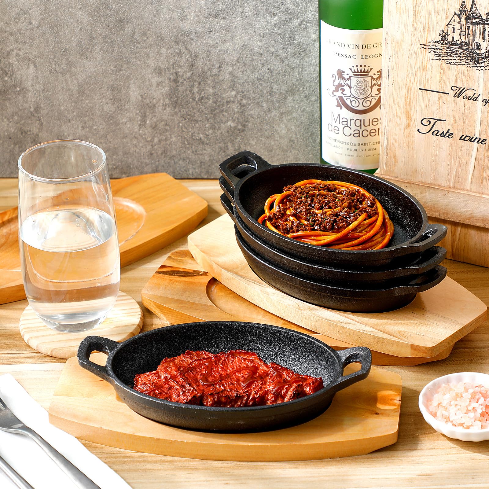 Mifoci 6 Sets Mini Cast Iron Skillets,oval Fajita Plates with Wooden Base Dish Tray Serving Sizzling Plate for Baking Roasting Cooking Grilling Appetizer (8.5x6.1x1.7 In)