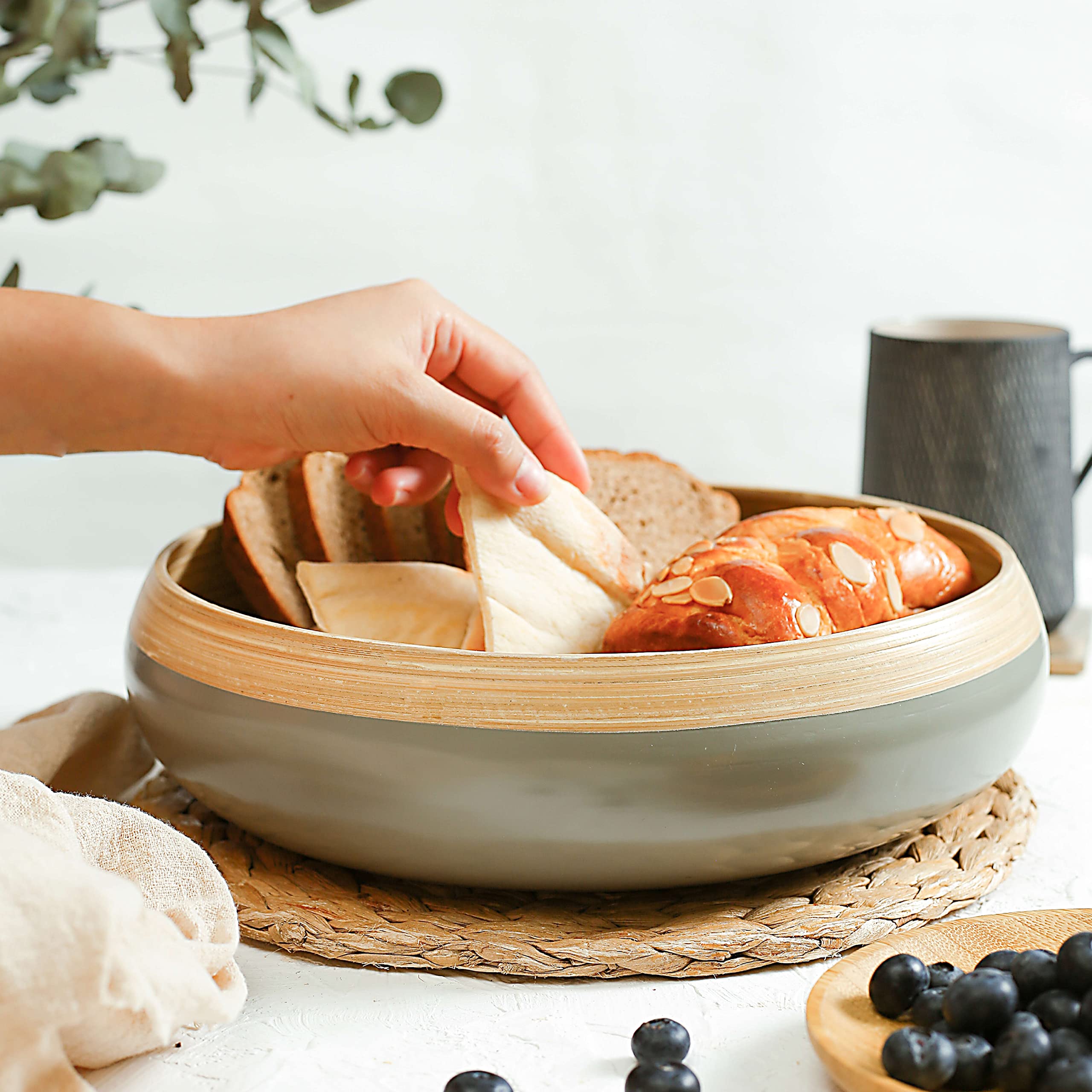 Kiwi Homie 11.81" Spun Bamboo Fruit Bowl, Bamboo Salad Bowl, Modern Large Serving Bowl, Decorative Bowl for Kitchen, Party, BBQs, Natural Handicrafted Bamboo Bowl (Grey)