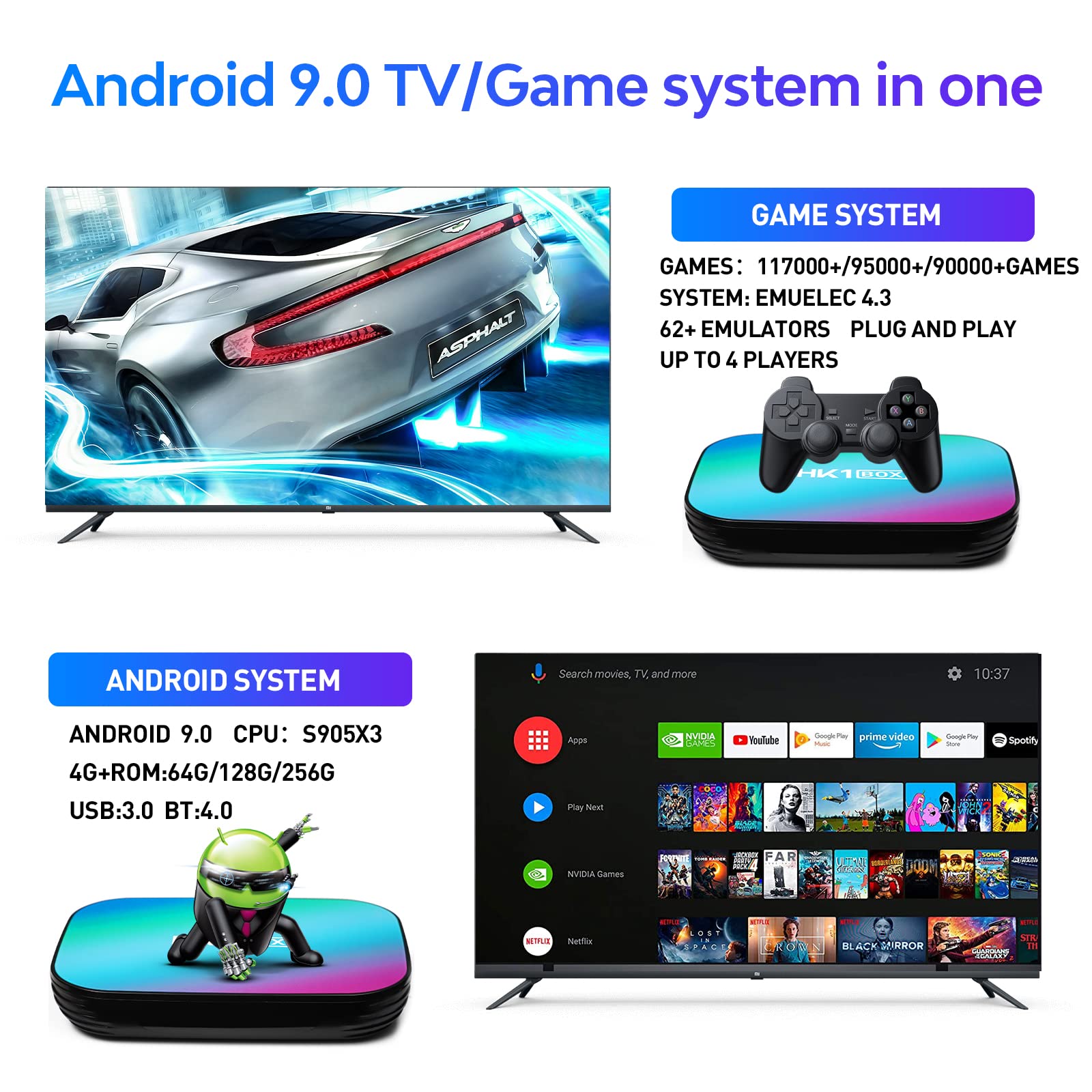 Kinhank Super Console X Hk1 Box with 114000+ Games,Amlogic 8K UHD Display Retro Game Console,S905X3,Android 9.0 and Emuelec 4.5 Game System in 1(256G)