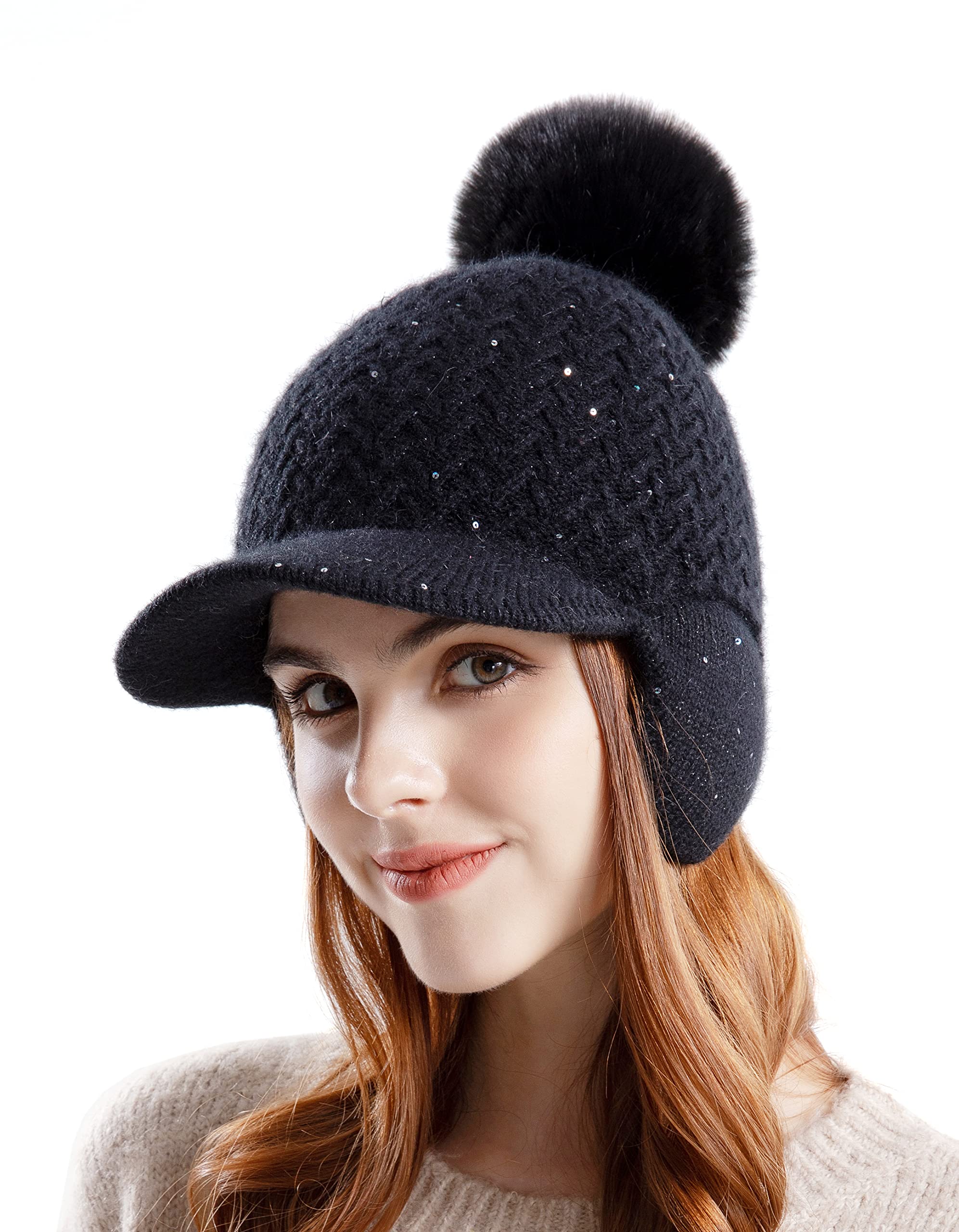 Koreshion Women Winter Beanie Hat with Faux Fur Pom Warm Earflap Sequins Knit Hat with Brim Black
