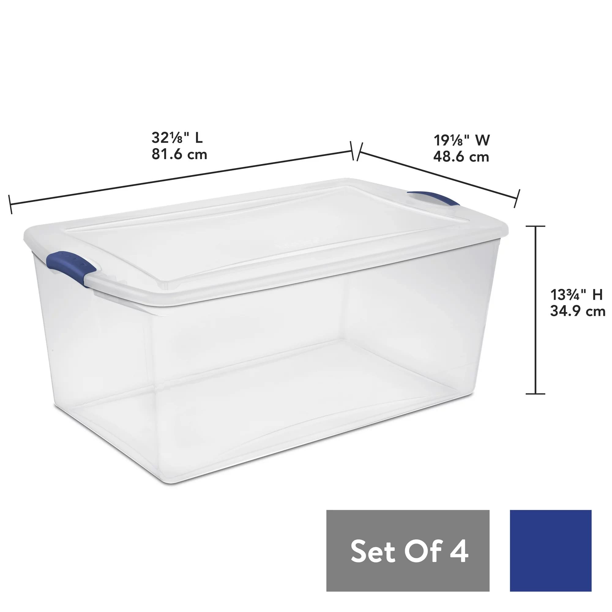 PuPLUM 105 Qt. Latch Box Plastic Storage Bin Tote Organizing Container With Durable Lid, Stackable and Nestable Snap Lid Plastic Storage Bin, 1 Pack, Clear With Blue Buckle