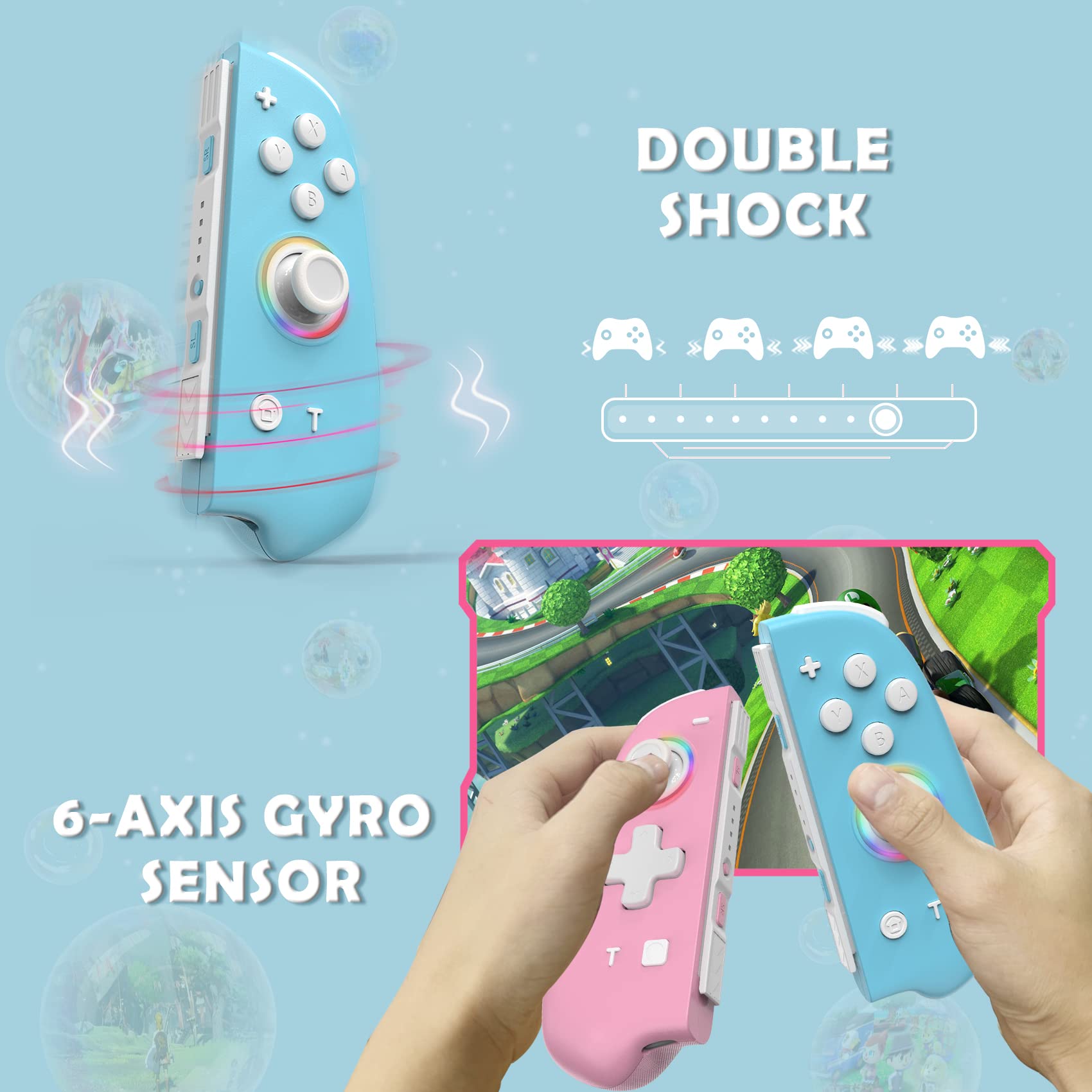 momen Wireless L/R Joypad for Switch/Switch Lite/OLED, Replacement for Joycon with Adjustable LED Light Turbo Vibration Motion Wake-up Function Cute Kawaii Gamepad Remote Pro Controller -PinkBlue