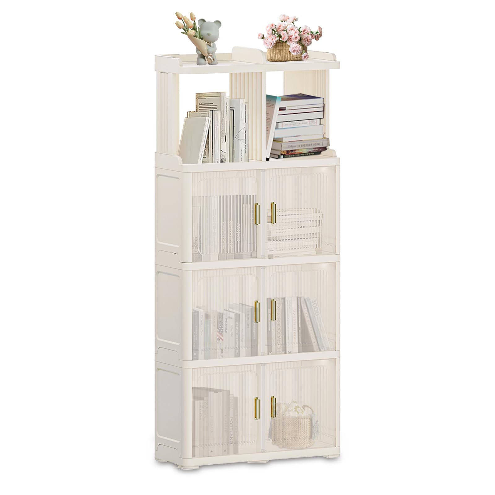 MU TU HD 5 Tier Bookcase with Doors, Floor Standing Bookshelf with Storage, Display Storage Book Shelf Organizer Storage Shelves for Bedroom Bathroom Kitchen