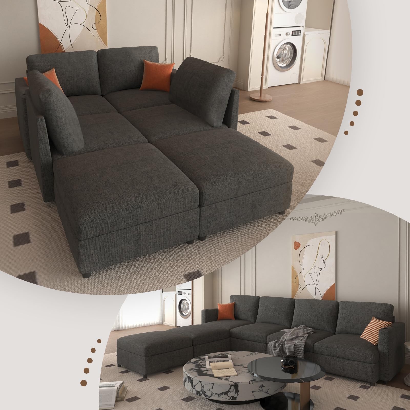 PDNOSC Modern Large Sectional Sofa, U-Shape Modular Sectional Sleeper Sofa with Storage,123" Sofa Bed with Ottoman,6 Seat Sectionals Chaise for Living Room,Chenille (Gray)