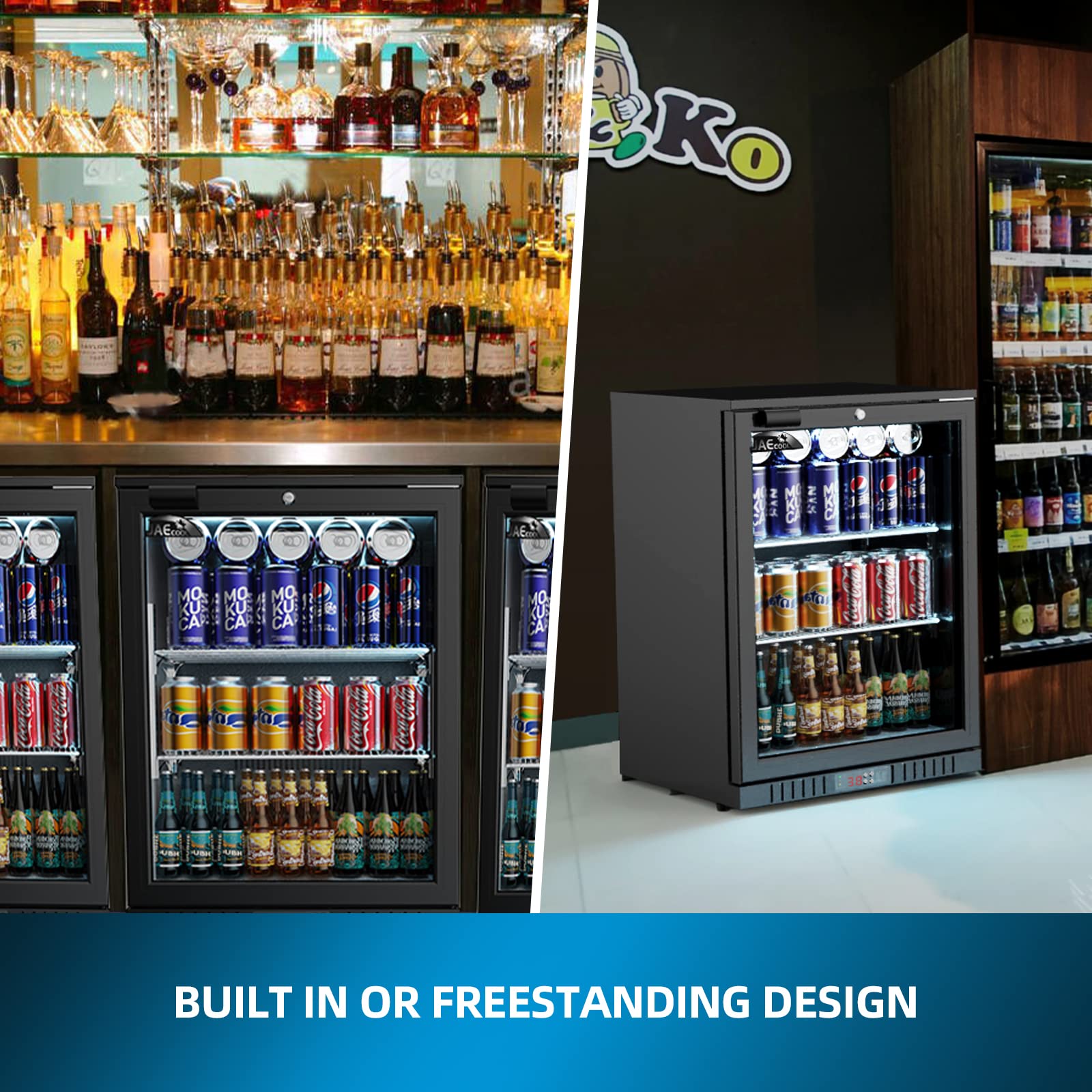 JAE Back Bar Cooler 3.6 cu ft(102 Cans), Low-E Tempered Glass Single door Beverage Refrigerator, Built-in Counter Height Display Cooler, Auto-defrost, Digital Control, Eco-friendly Compressor, ETL