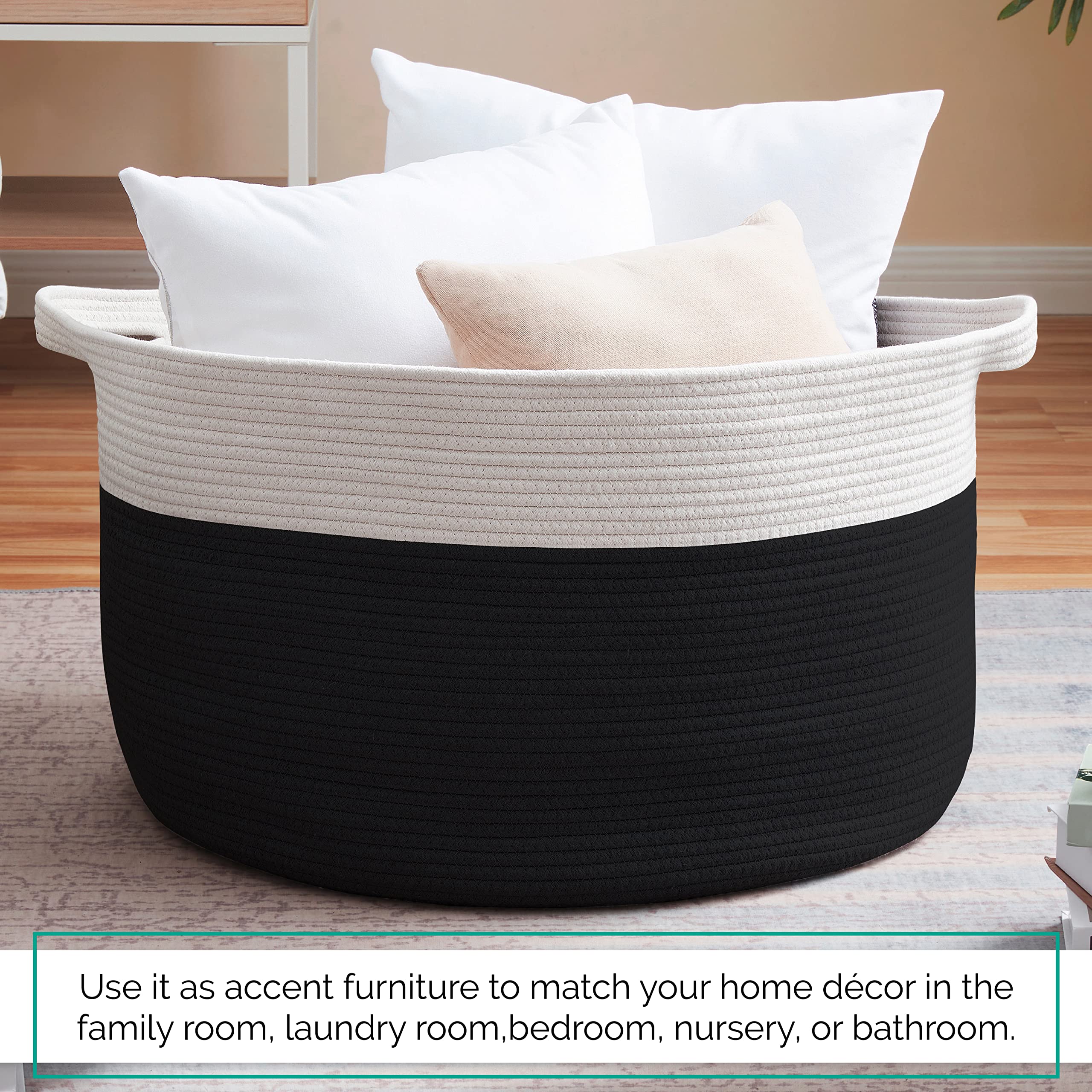 Organizix XXXXL Large Round Cotton Rope Storage Basket Bin Organizer Laundry Hamper with Handles, 21 x 21 x 14, Extra Large Blanket Woven Toy Basket, Black/Brown