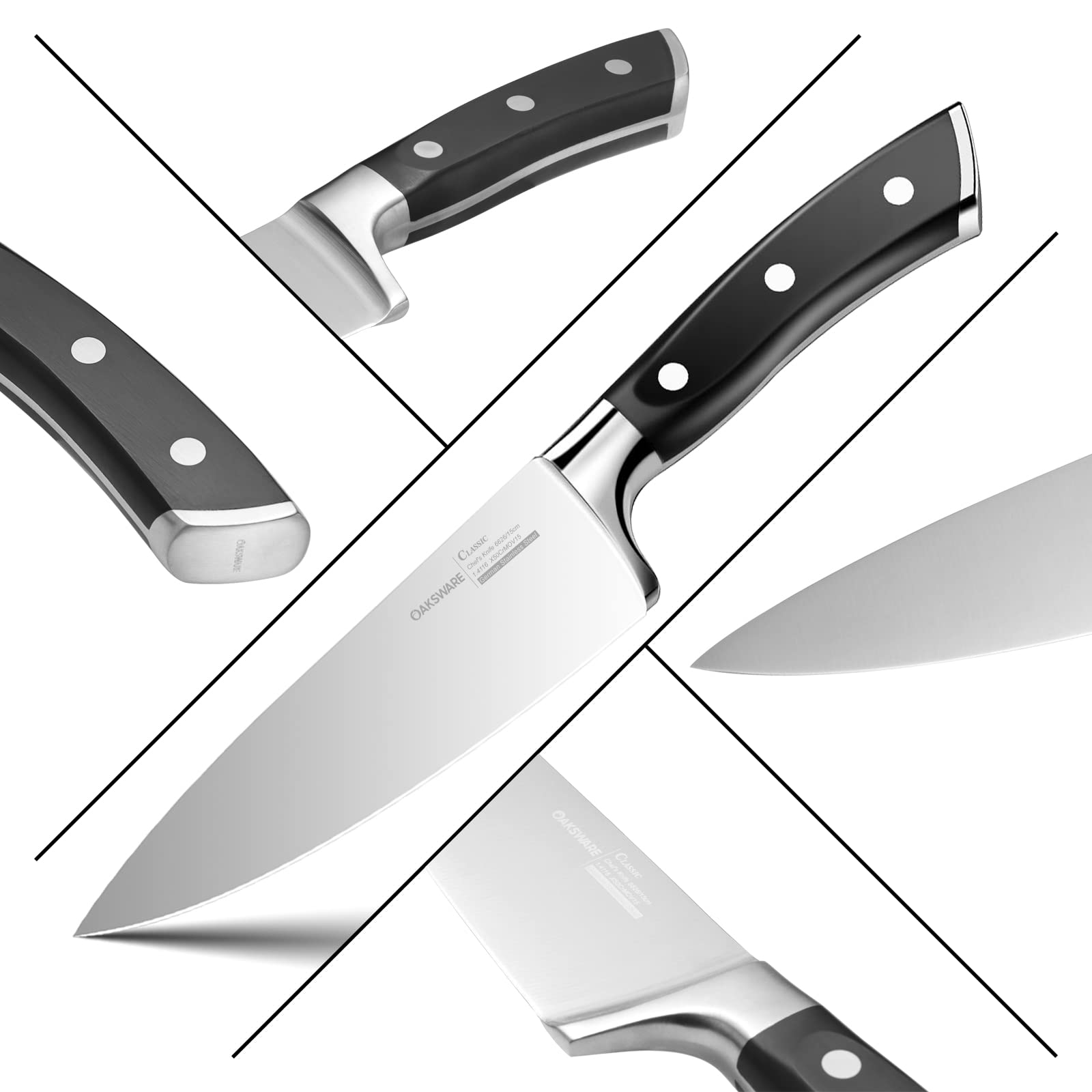 OAKSWARE Knife Sets, 8 Piece Knife Set for Kitchen with Block, German Stainless Steel Chef Knives Set with Ergonomic Handle