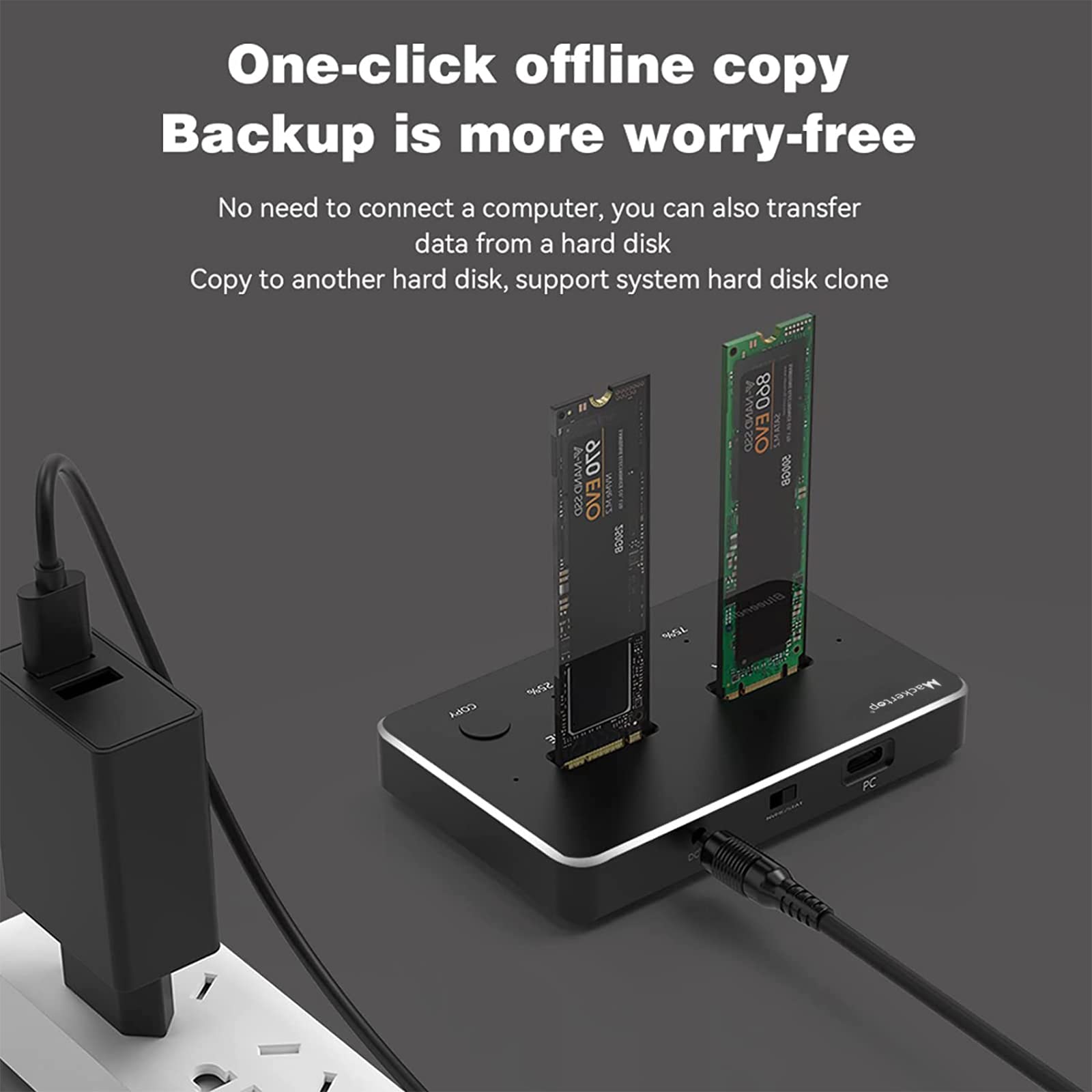 Mackertop USB C 3.1 Dual-Bay NVME Docking Station, M.2 NVME SATA External Hard Drive Enclosure Adapter, 10Gbps High Speed Reader Base Supports SATA/NVME M.2 SSD Offline Clone Duplicator