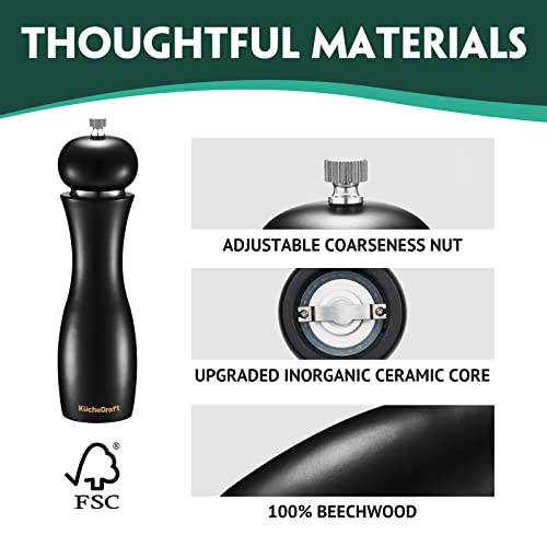 KucheCraft Wooden Pepper Grinder Refillable - Premium Beech Wood Pepper Mill Grinder with Adjustable Ceramic Grinder - 8 In Manual Matte Black Peppermill