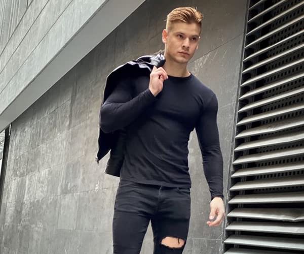 KELLORENA Men's Muscle T-Shirt Stretch Breathable Long Sleeve Casual Hipster Tops Gym Workout Athletic Slim Fit Cotton Tee Black