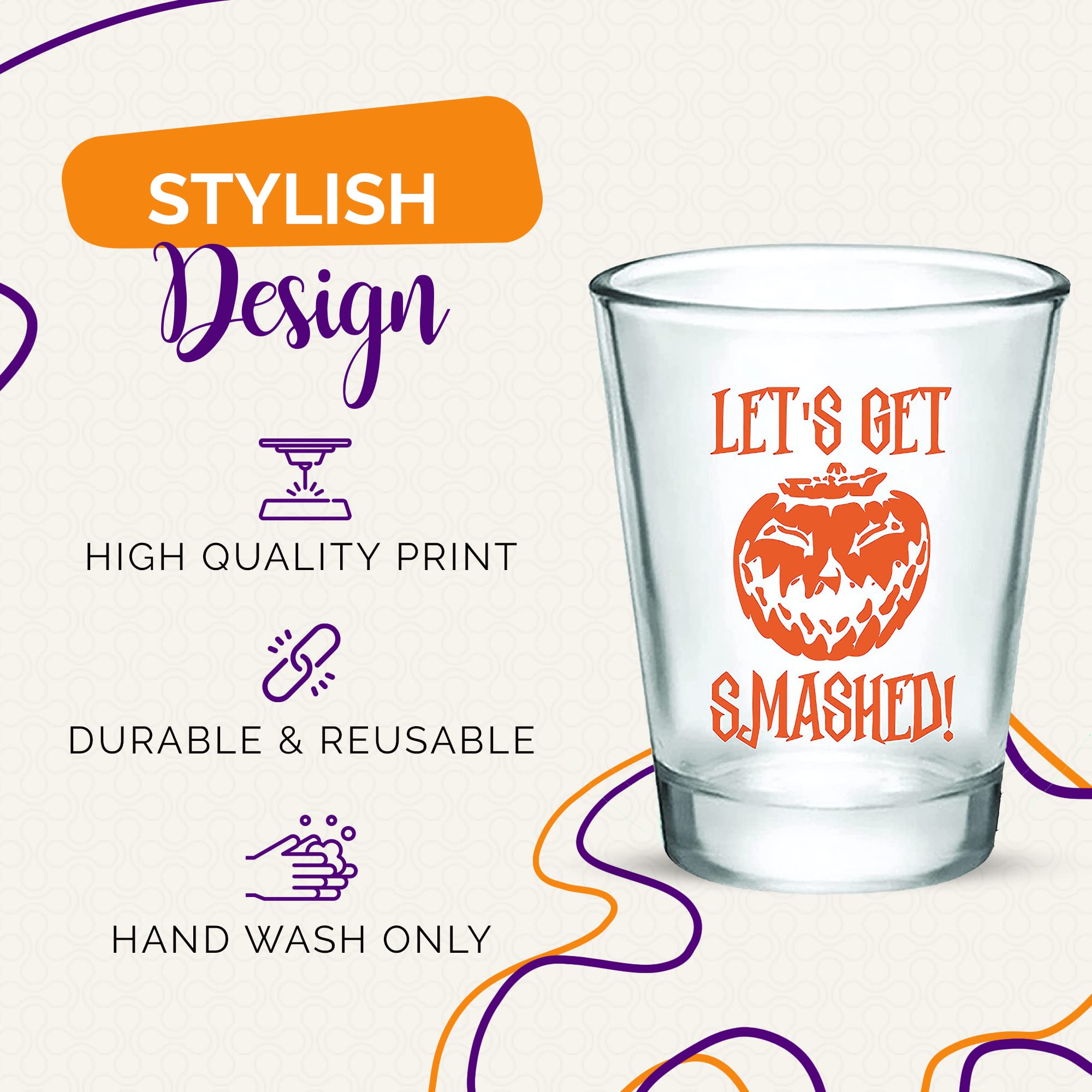 Let's Get Smashed Halloween Shot Glasses - Set of 12 Glass Decor Cups, Double Sided Print - Clear Decorative Drinking Glassware for Tequila, Vodka, Liquor Drinks - Barware for Themed Party (Orange)