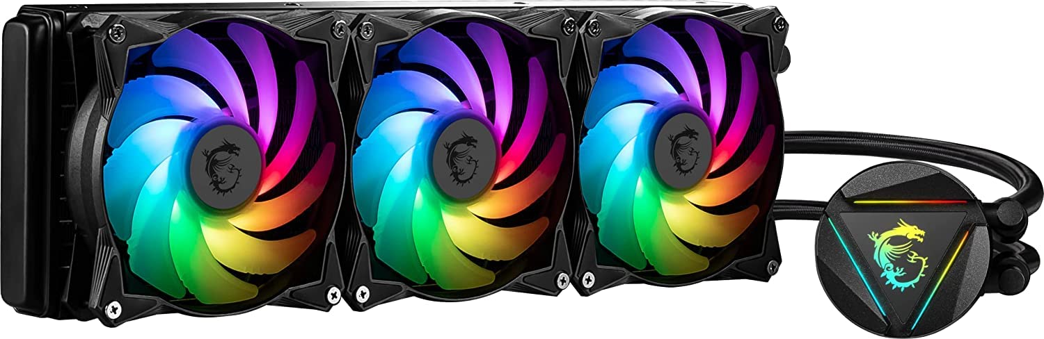 MSI MAG Series CORELIQUID 360R, aRGB CPU Liquid Cooler (AIO): Rotatable Blockhead Design, 360mm Radiator, Triple 120mm aRGB PWM Fans, Rotatable Cap (Renewed)
