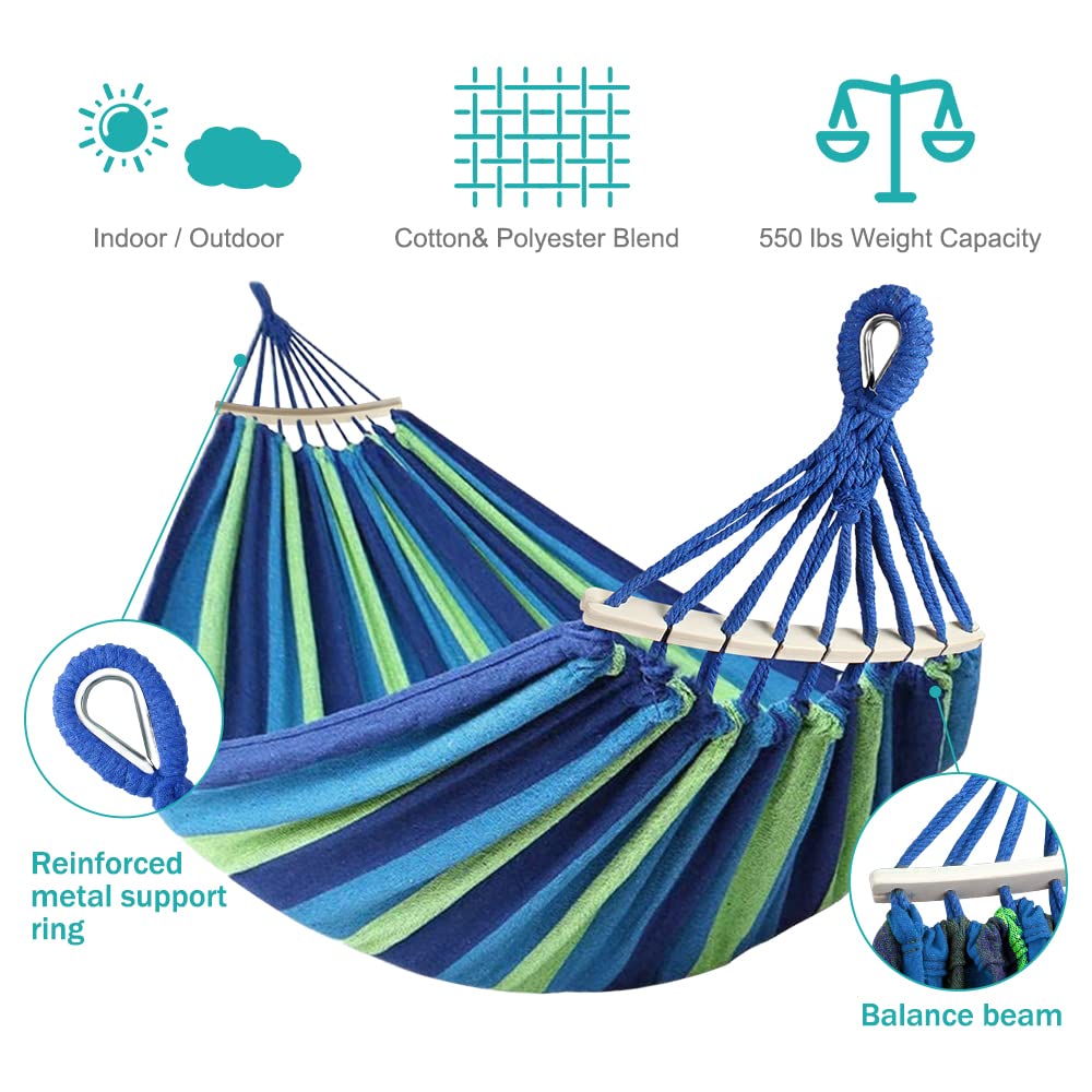 MOSFiATA Hammocks Portable Camping Hammock Upgraded 550lb Comfortable Fabric Hammock with Two Anti Roll Balance Beam and Sturdy Tree Straps for Camping, Patio, Backyard, Outdoor (Blue Green)