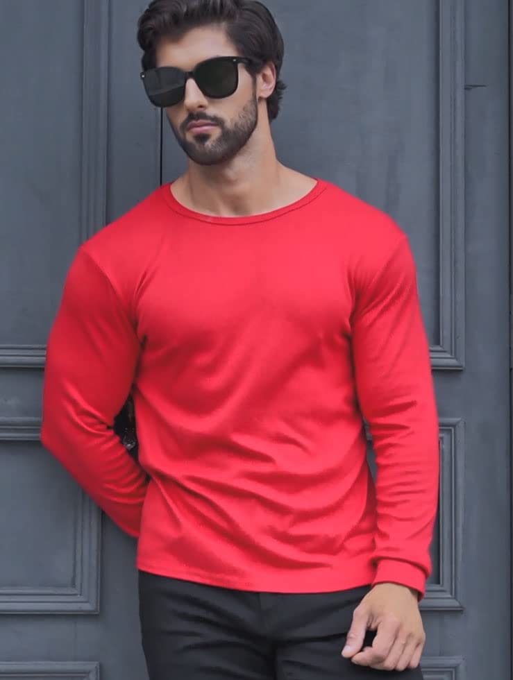 KELLORENA Men's Muscle T-Shirt Stretch Breathable Long Sleeve Casual Hipster Tops Gym Workout Athletic Slim Fit Cotton Tee Red