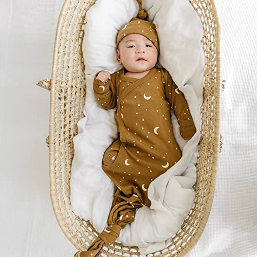 MakeMake Organics GOTS Certified Organic Cotton Kimono Knotted Blanket Tie Swaddle Hat Set Mittens Baby Boys Girls (Moonlight, 0-3 Months)