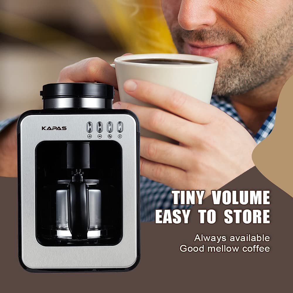 KAPAS Mini Automatic Coffee Machine With Grinding Function, Programmable Timer Mode and Keep Warm Plate, 0.6L Capacity, 600W