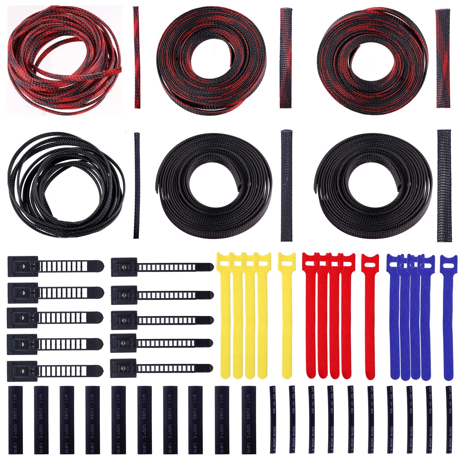 Keadic 51Pcs 1/2" 1/4" 3/4" Cable Management Wire Loom Kit Includes 16 ft Braided Cable Sleeve, Reusable Cord Ties, Heat Shrink Tube and Adhesive Nylon Zip Wire Straps for USB Audio Video