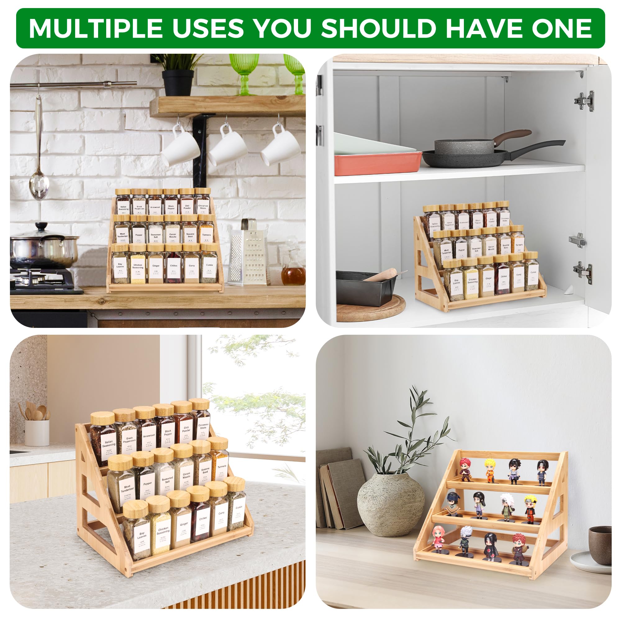 MNADSFKJ Spice Rack Organizer for Cabinet, 3 Tier Spice Rack, Bamboo Spice Organizer for Kitchen Cabinet, Pantry and Countertop Organization- Natural