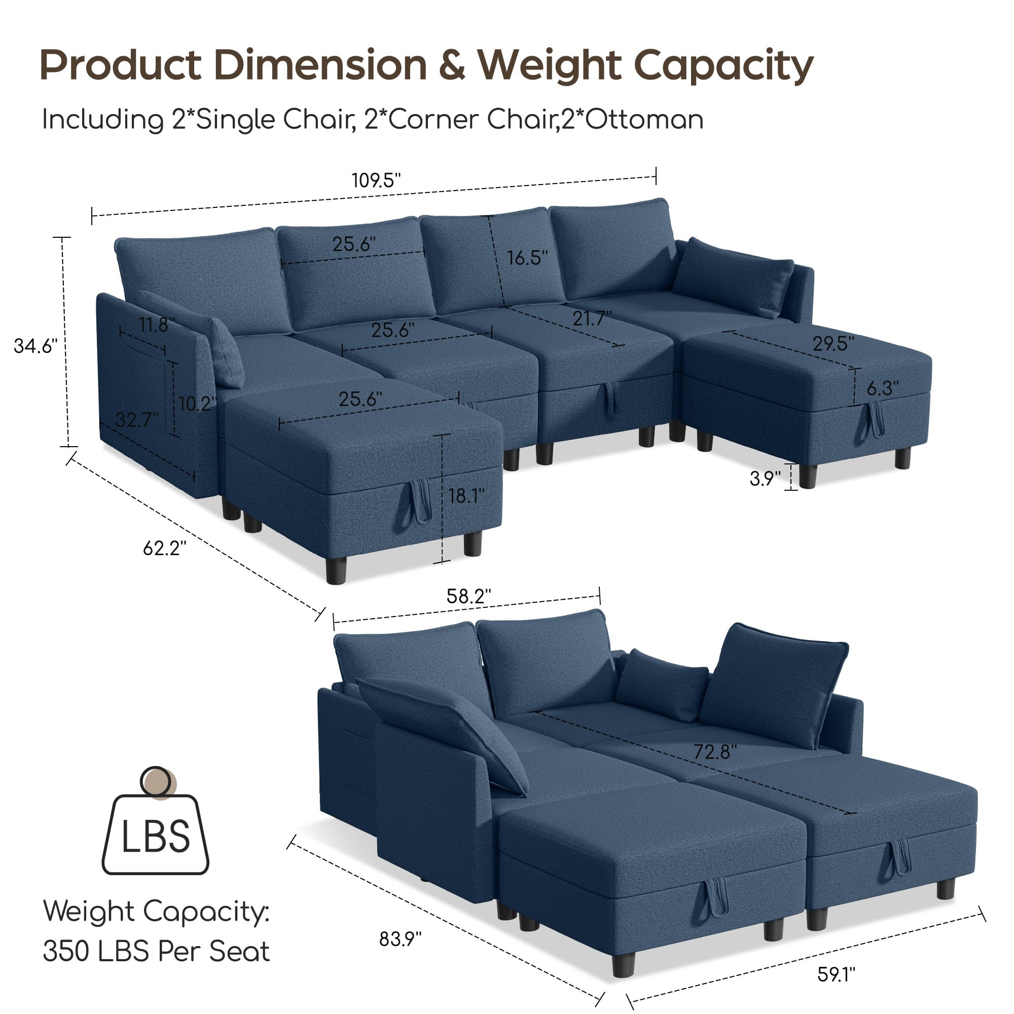 SEJOV Modular Sectional Sofa, U Shaped Couch with Storage, 6 Seat Convertible Sectional Couch with Deep Seat 30" D Ottoman, Modular Sectionals Sofa Couches for Living Room, (Navy Blue)
