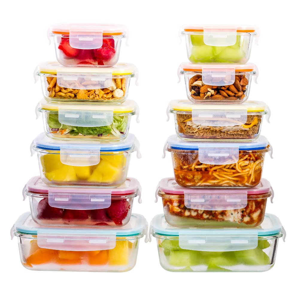 Imperial Home 24 Pc Glass Storage Containers with Lids, Food Storage Container Set, Kitchen Organization, Meal Prep, Airtight Lock Lid, Reusable, Freezer & Microwave Safe, BPA Free
