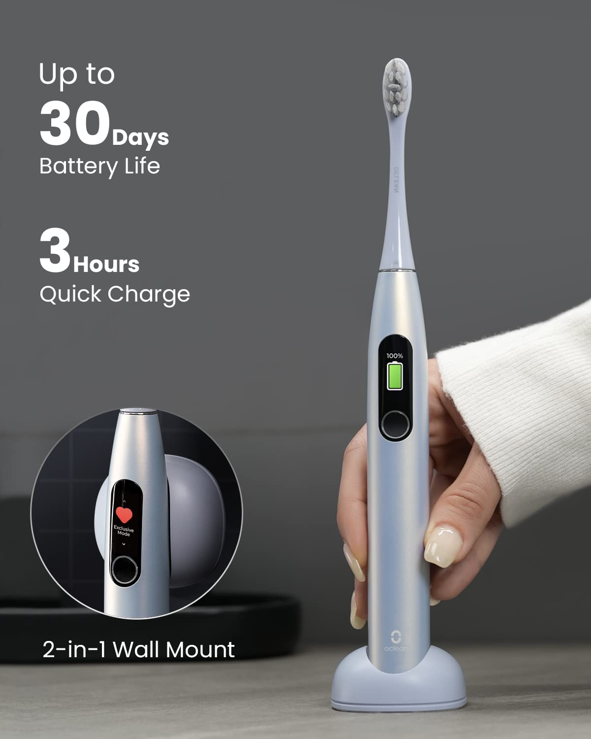 Oclean Electric Toothbrush, X Pro Digital Smart Sonic Toothbrush for Adults,2X Deep Cleaning,Real-time 8 Areas Tracking w Touch Screen, 3 Modes,Fast Charge Lasts 30 Days,Magnetic Wall Mounted-Silver