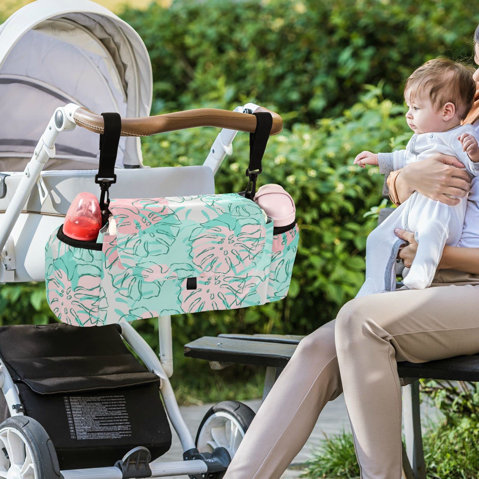 Kigai Monstera Leaf Baby Stroller Organizer with Cup Holders, Secure Hooks Accessories Adjustable Strap Stroller Bag for Bottle, Diaper, Phone, Toys, Baby Items