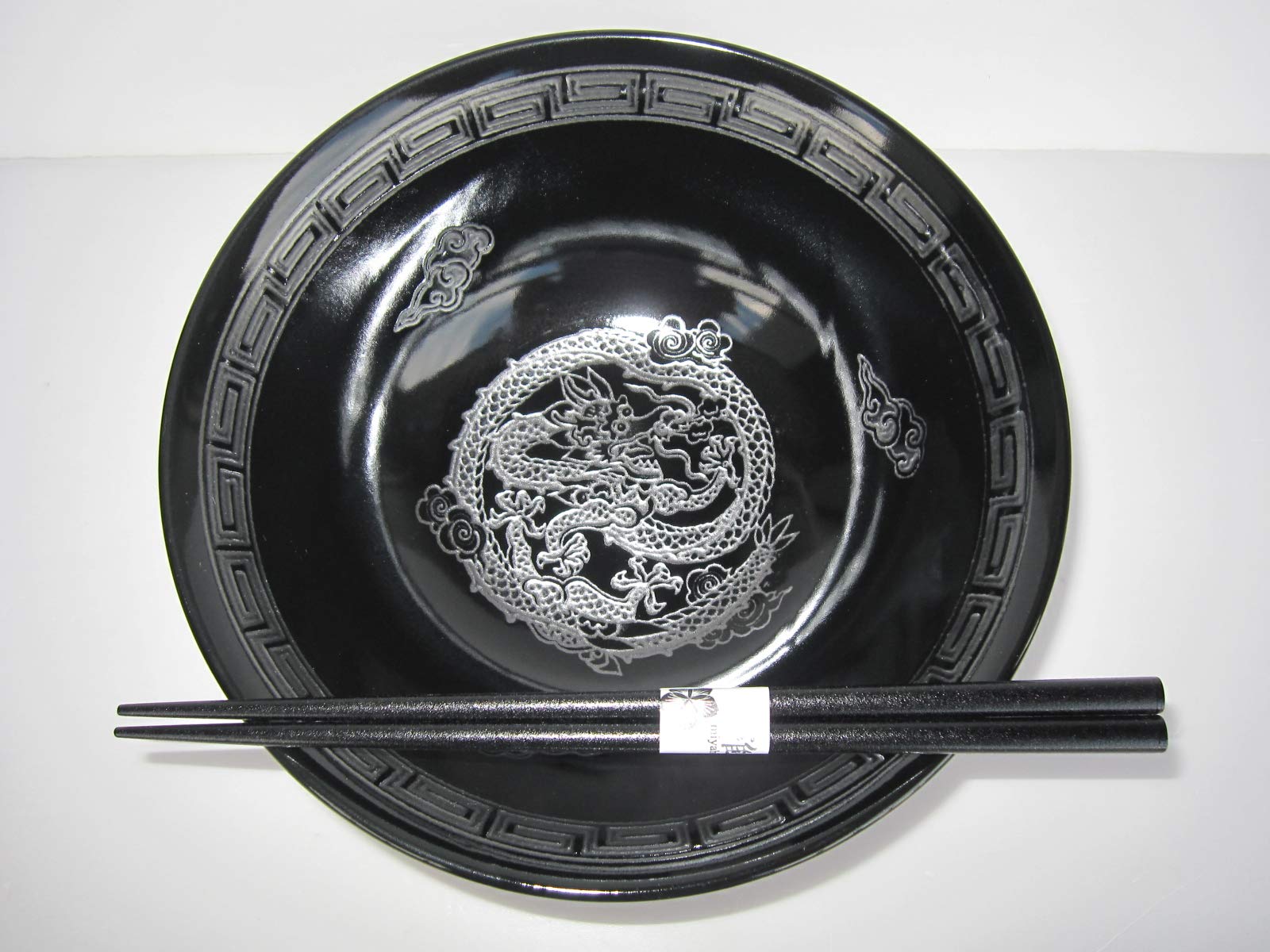 Japanese Black Glaze Silver Dragon 8.35 Inches Diameter Ramen Soup Ramen Noodle or Serving Bowl with Chopsticks