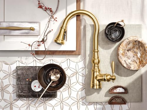 Moen Weymouth Brushed Gold Smart Faucet Touchless Pull Down Sprayer Kitchen Faucet with Voice Control and Power Boost, S73004EVBG