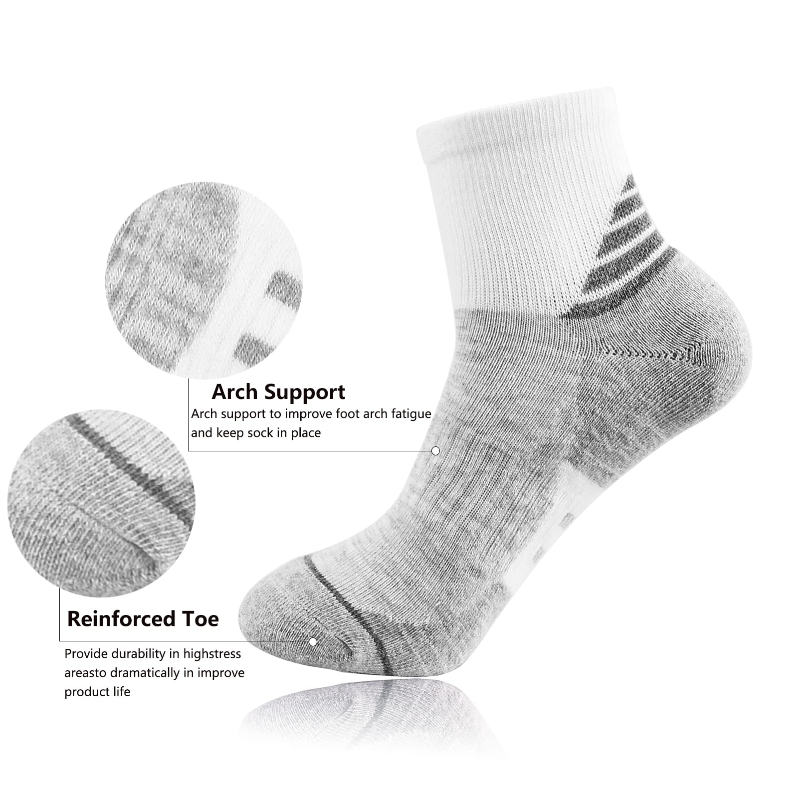 J.WMEET Women's Athletic Ankle Socks Quarter Cushioned Running Socks Hiking Performance Sport Cotton Socks 6 Pack (3 Light grey + 3 Dark grey)