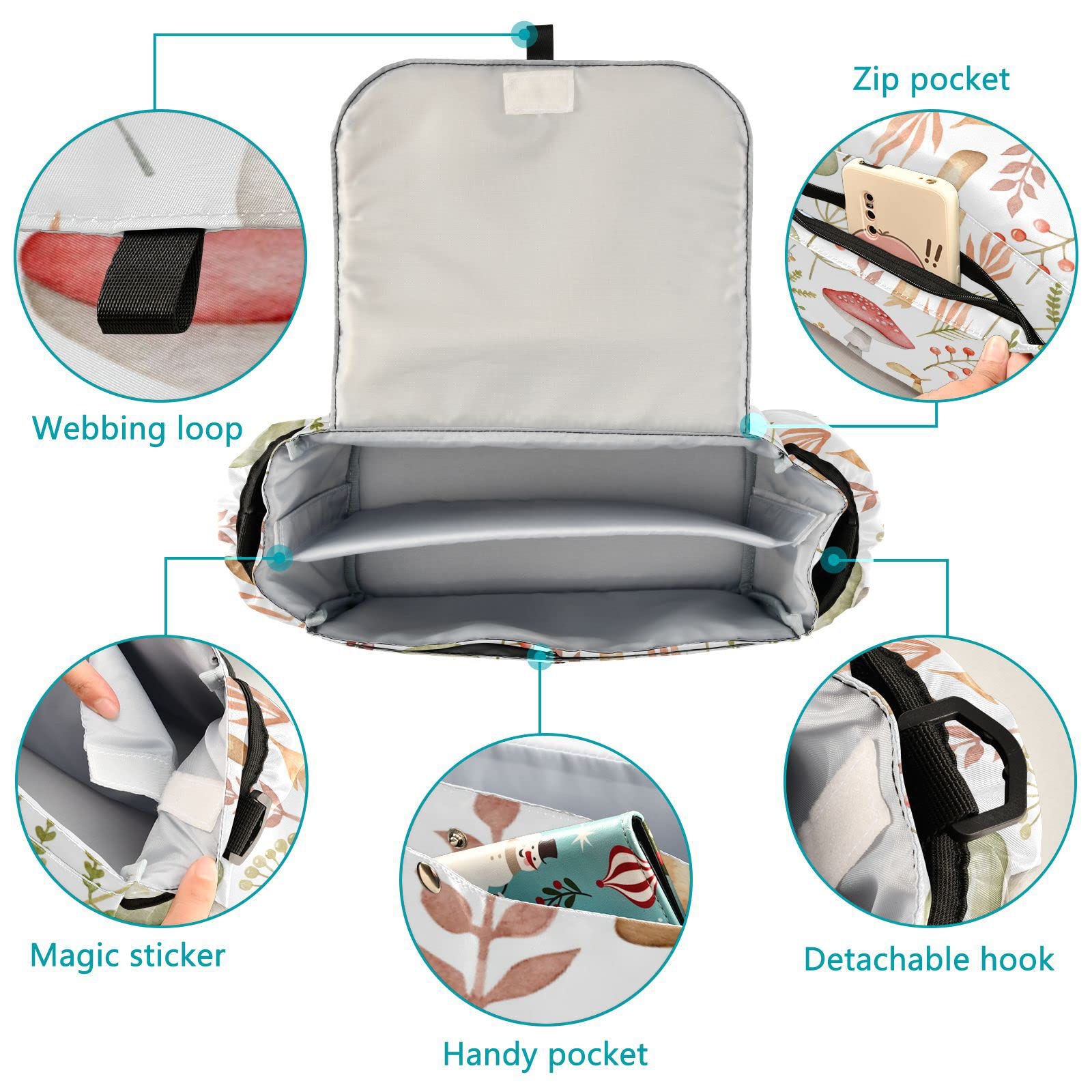 Kigai Mushroom Twig Baby Stroller Organizer with Cup Holders, Secure Hooks Accessories Adjustable Strap Stroller Bag for Bottle, Diaper, Phone, Toys, Baby Items