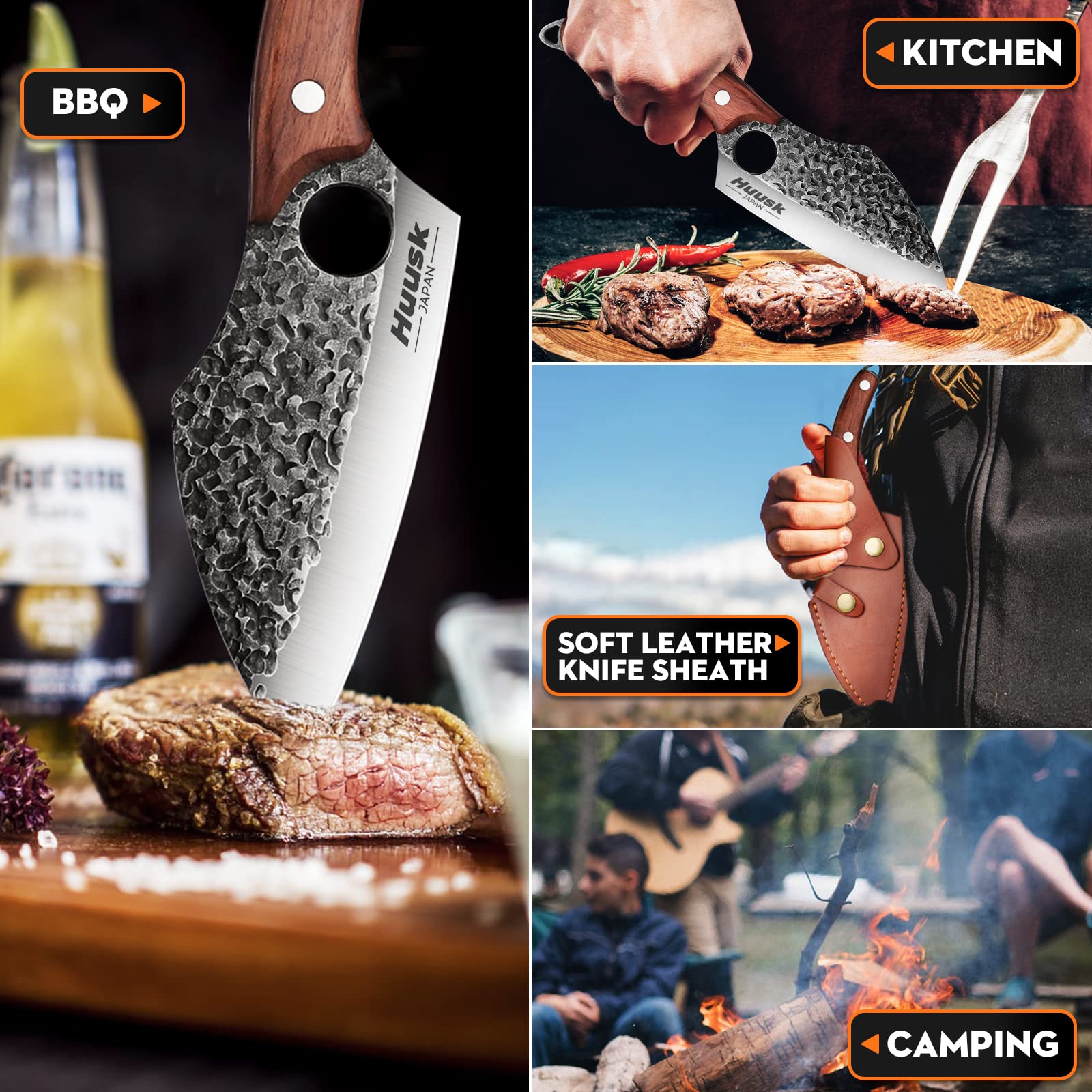 Huusk Chef Knives Set Hand Forged Meat Cleaver for Meat Cutting Boning Knife with Sheath Outdoor Grilling Camping Knives Set