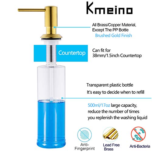 KMEINO Gold Soap Dispenser, Built in Undermount Soap Dispenser Brass Commercial, Brushed Gold Metal Pump Head Liquid Lotion Kitchen Countertop Soap Dispenser with 500ml PP Bottle