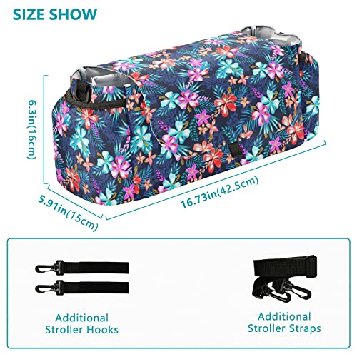 Kigai Tropical Palm Flower Baby Stroller Organizer with Cup Holders, Secure Hooks Accessories Adjustable Strap Stroller Bag for Bottle, Diaper, Phone, Toys, Baby Items