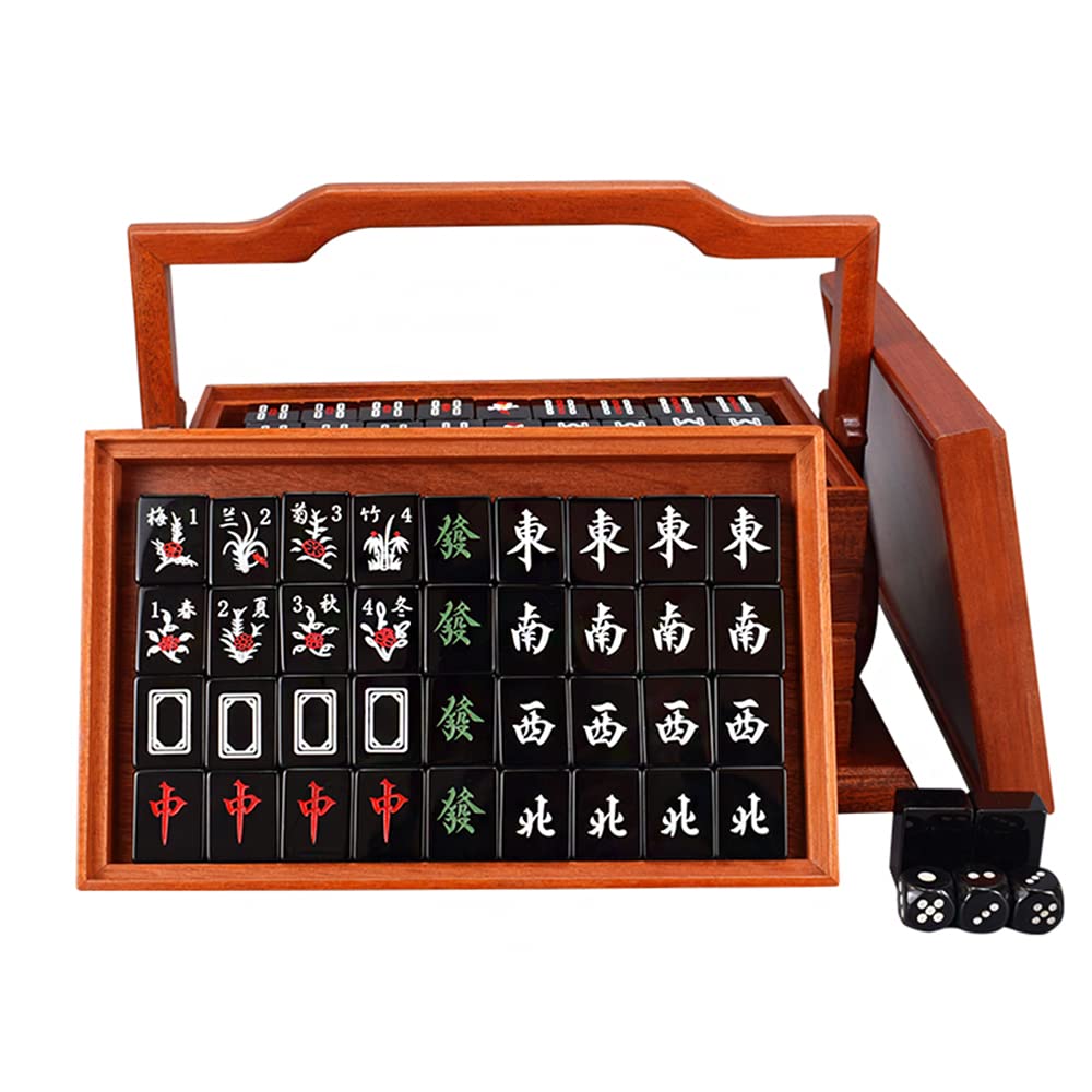 KAFELE Natural Raw Stone Mahjong Handmade Jade Dominoes Contains Five-Layer Walnut Wood Storage Box Hard Material/Smooth to The Touch/Bright in Color,Black,36mm