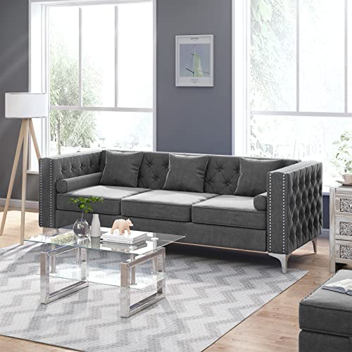Mjkone Convertible Sectional Sofa for Living Room, Velvet Upholstered L-Shaped Sofa with Throw Cushion & Bolster Cushion, Ottoman for Storage, Button Tufted & Nailhead Trim for Apartment - Grey