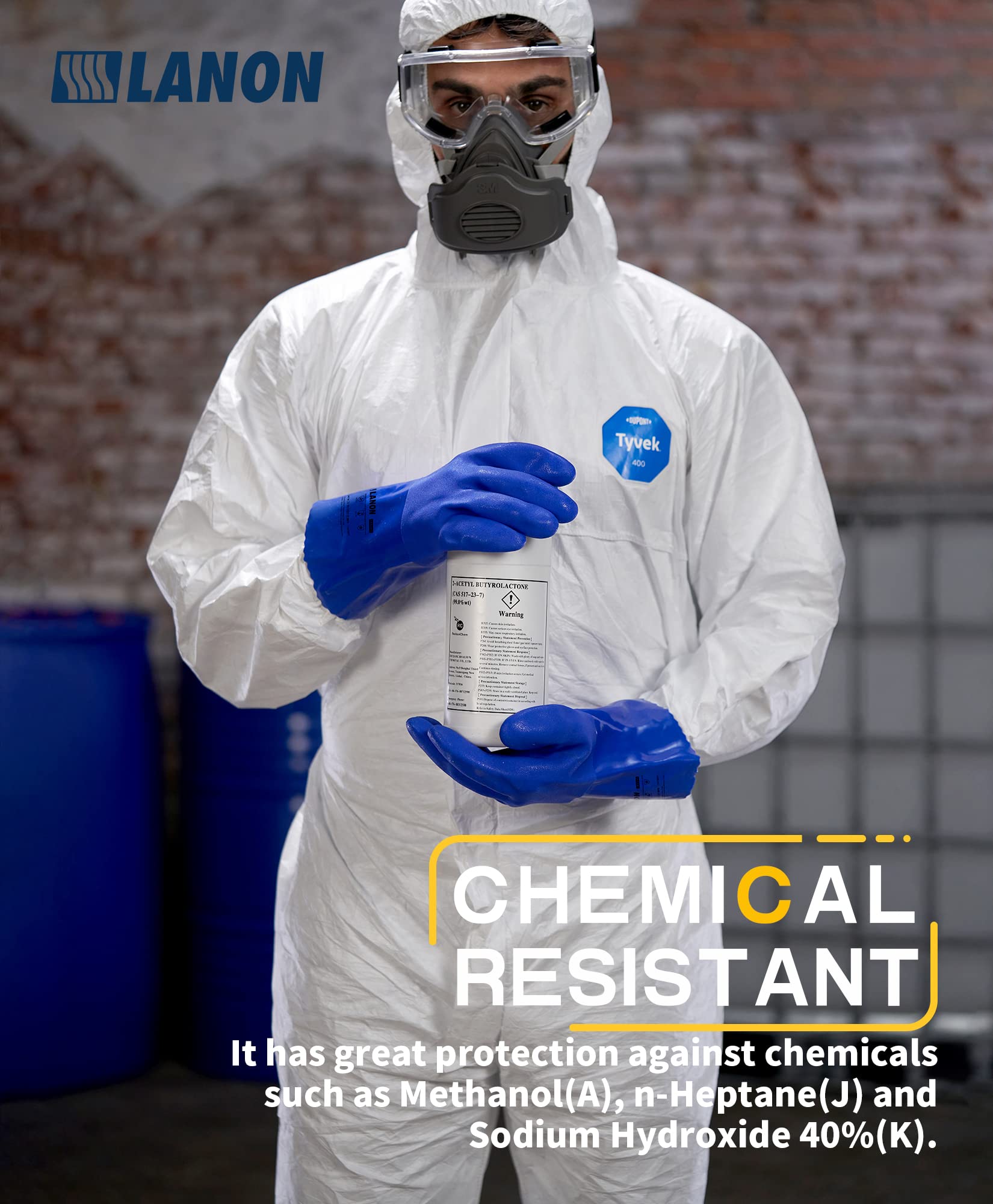 LANON PVC Chemical Resistant Gloves, Heavy-Duty Rubber Gloves, Acid, Alkali and Oil Protection, Non-Slip, Blue, Large