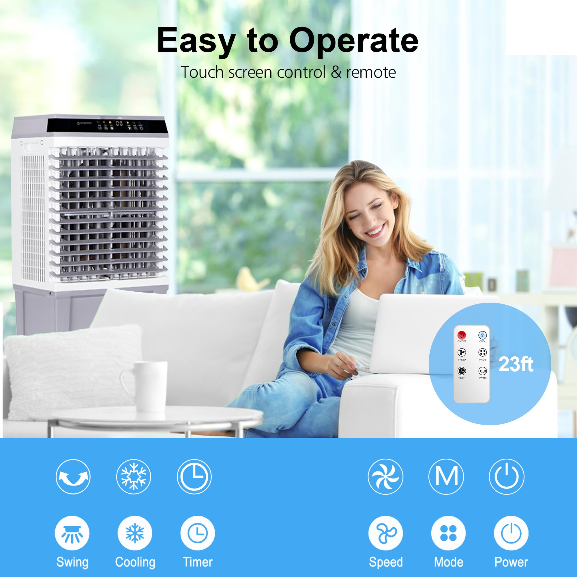 KEGIAN Evaporative Air Cooler, Swamp Cooler with 5.3 Gallon Water Tank, Remote Control, 12H Timer, 3 Modes & Speeds, 110° Oscillation, Portable 3-IN-1 Cooling Fan for Bedroom Home Office (Grey)