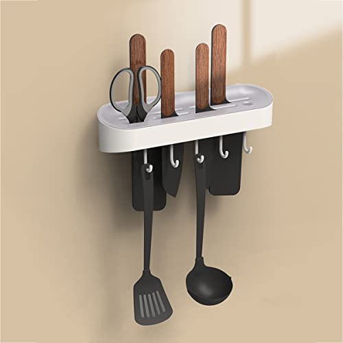Knife Block Holder Wall, Knife Organizer Storage Shelf Rack Bar with Slots, Sharpening Rod Hooks for Kitchen Cooking White