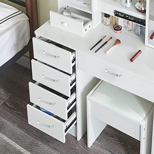 Makeup Vanity Set with Lights and Mirror Vanity Dressing Table with Drawers and Stool Shelves Makeup Vanity Desk for Bedroom Furniture for Girls Women