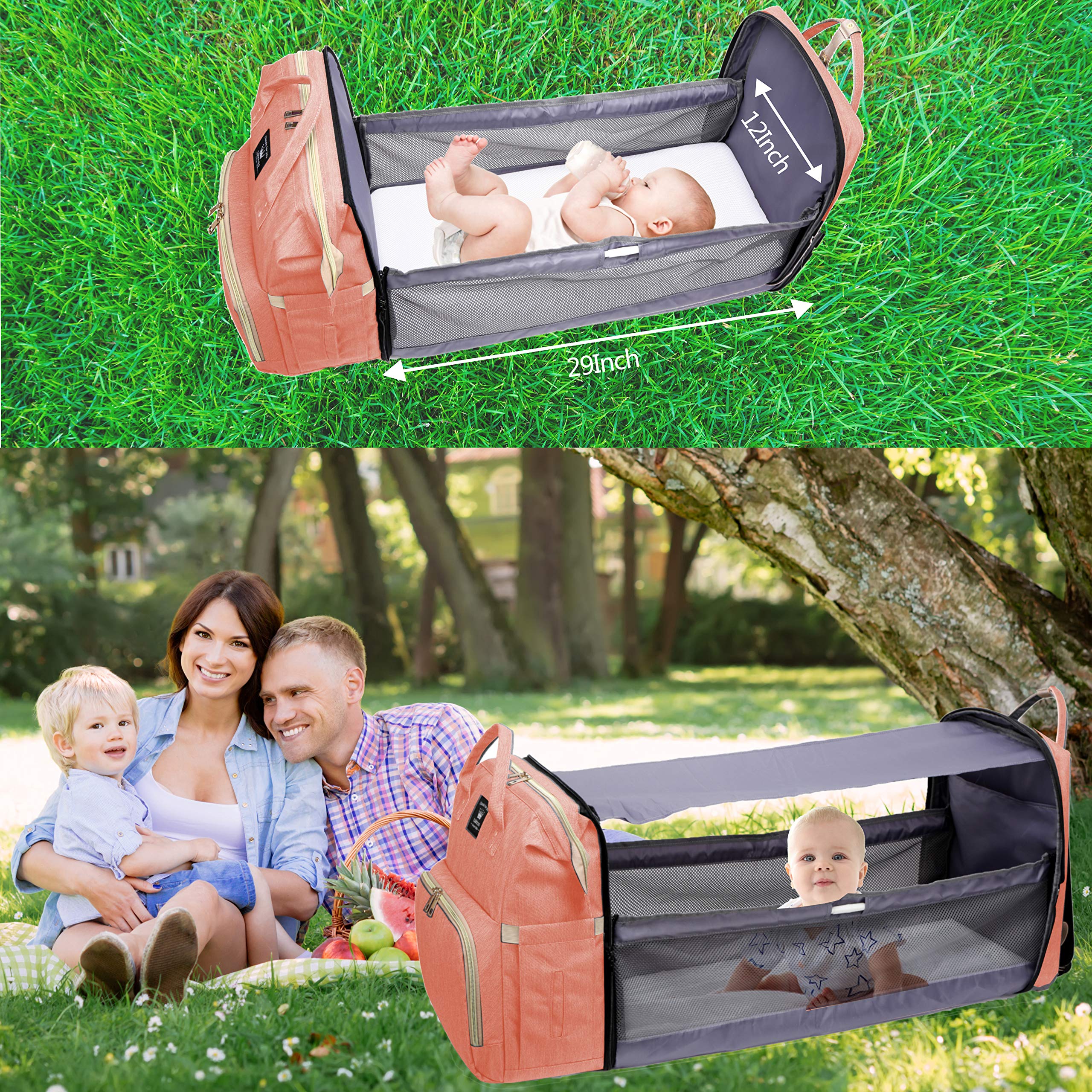 Lamroro Diaper Bag Backpack, Baby Nappy Changing Bags Multifunctional Travel Backpack with Changing Station, Large Capacity, Waterproof, Sunshade, Built-in USB Charging Port Stylish Pink