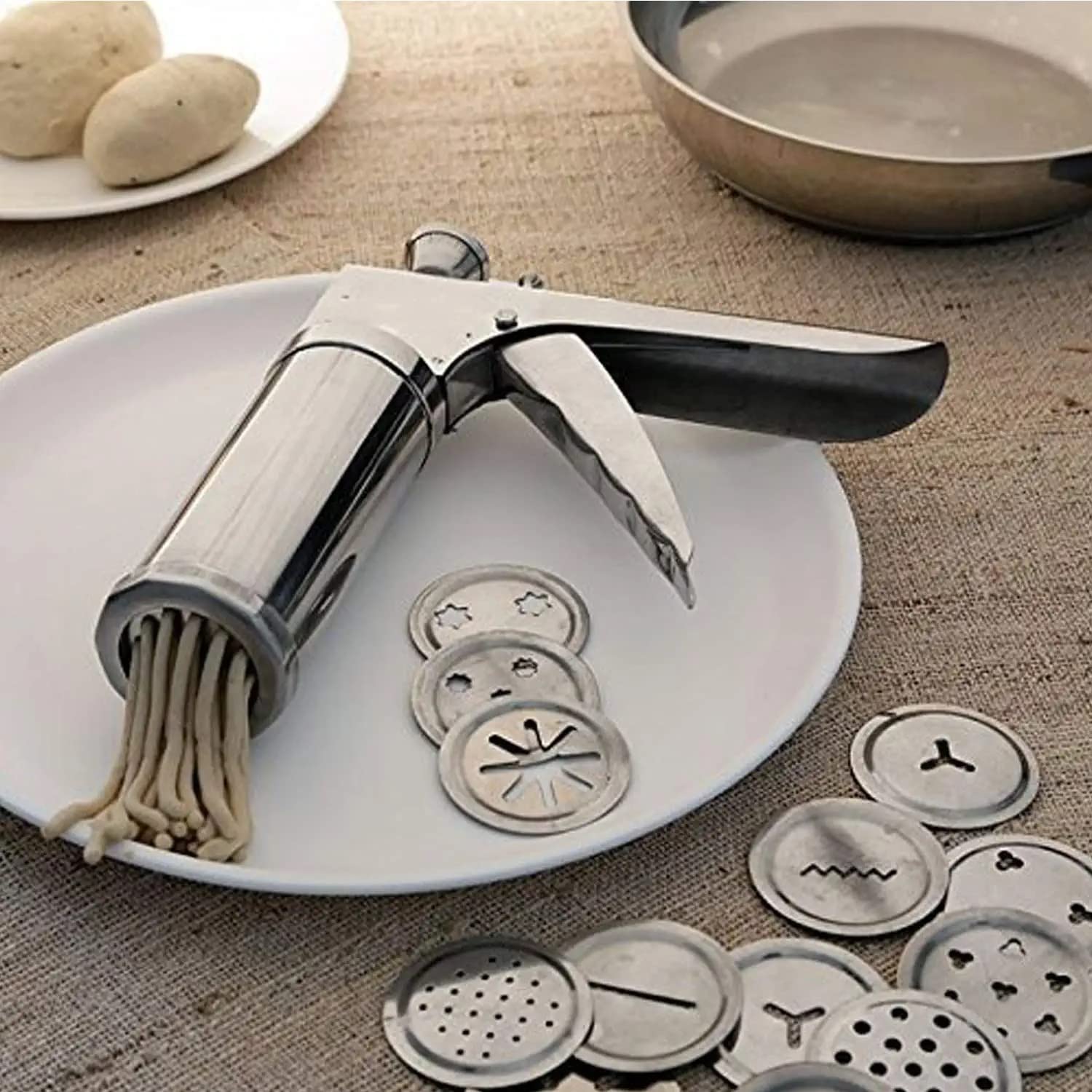 IRAM Stainless Steel Kitchen Press for Noodles, Murukku, Namkeen, and Snacks - Manual Sancha Sev Chakli Gathiya Sevaiya Maker - Silver Kitchen Tool