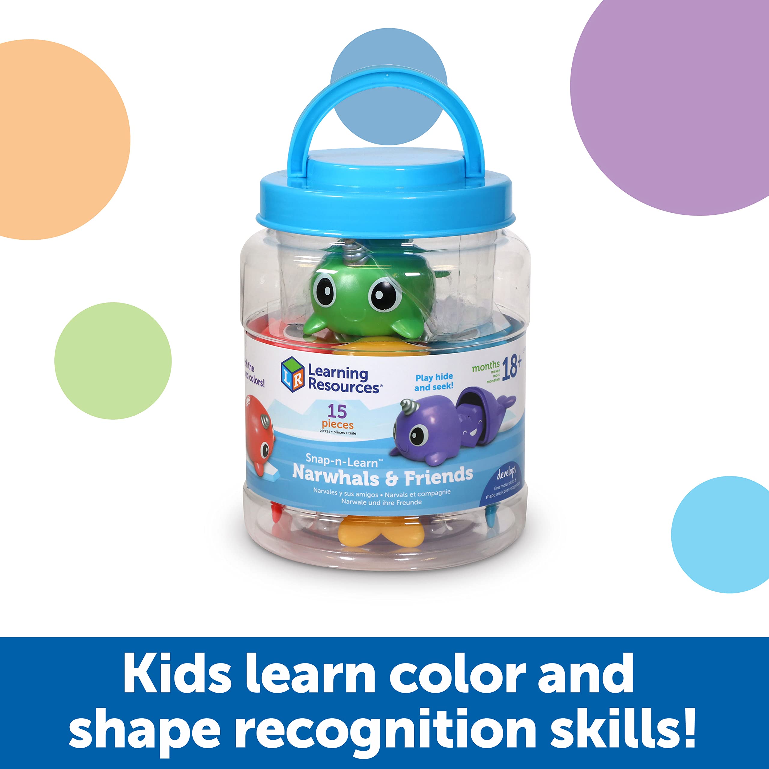 Learning Resources Snap-n-Learn Narwhals & Friends, 15 Pieces, Ages 18 Months+, Baby and Toddler Toys, Educational Toys, Color and Shape Recognition, Fine Motor Skills